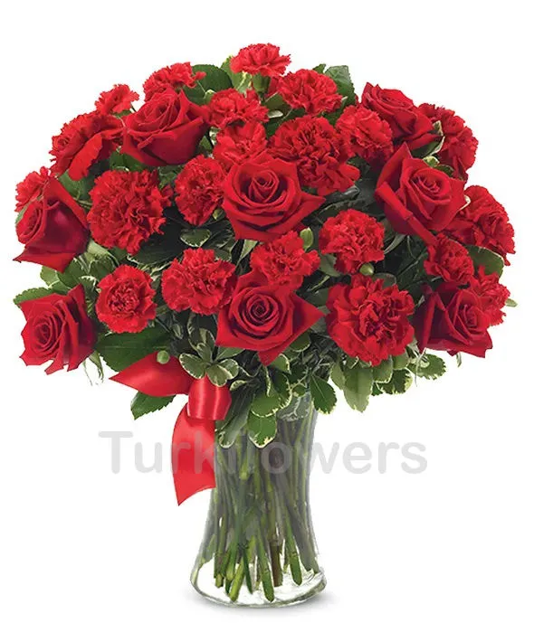 Bouquet of red carnations and red roses - Turkey Flowers Shop